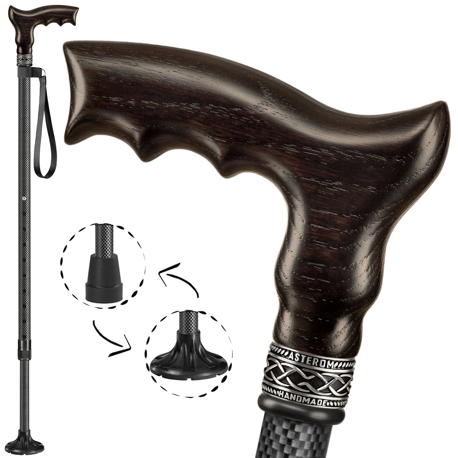 Carbon Adjustable Cane with Ergonomic Wooden Handle – Asterom Handmade ...